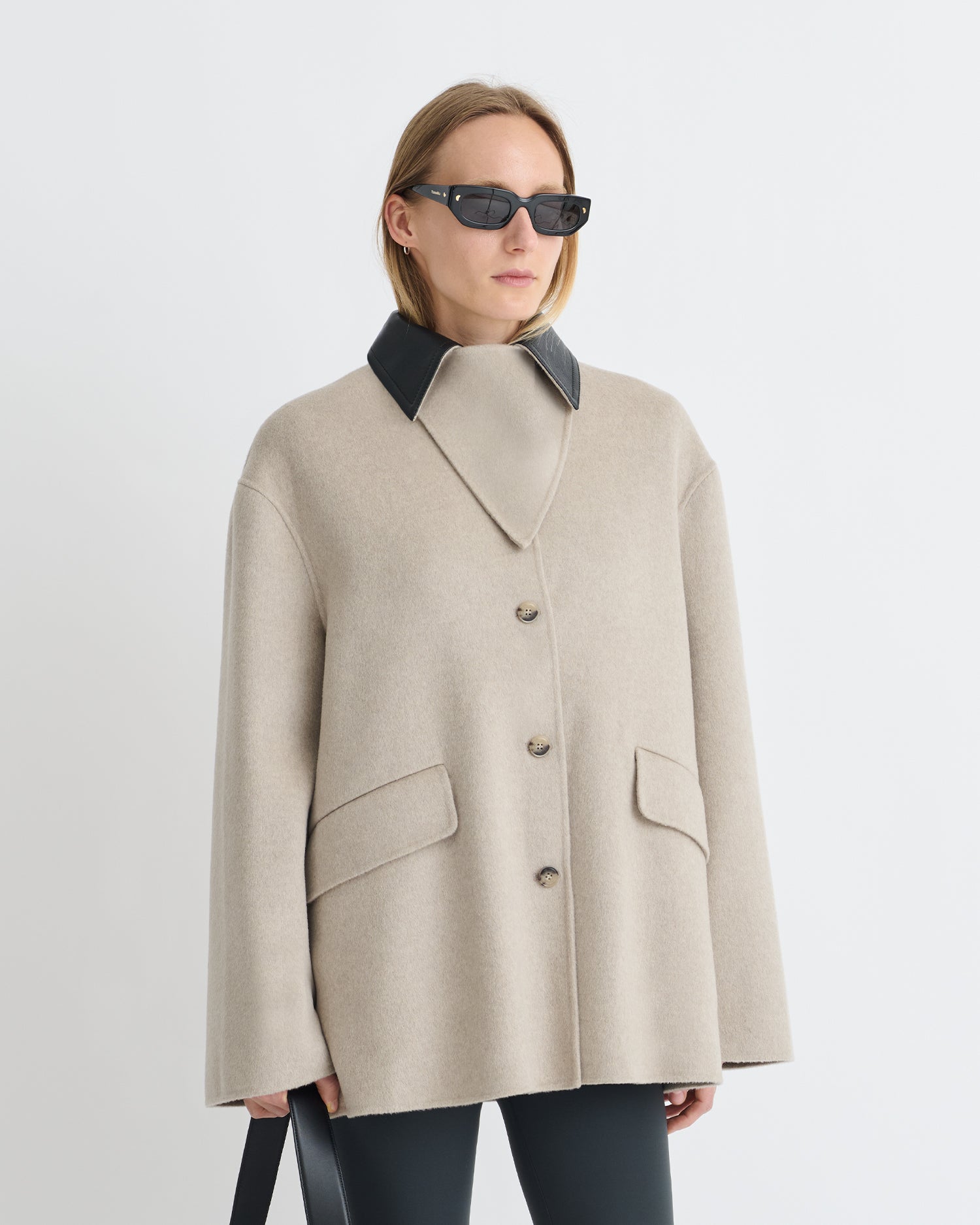 Jada - Double Wool/Regen Leather Jacket - Stone/Black – Nanushka