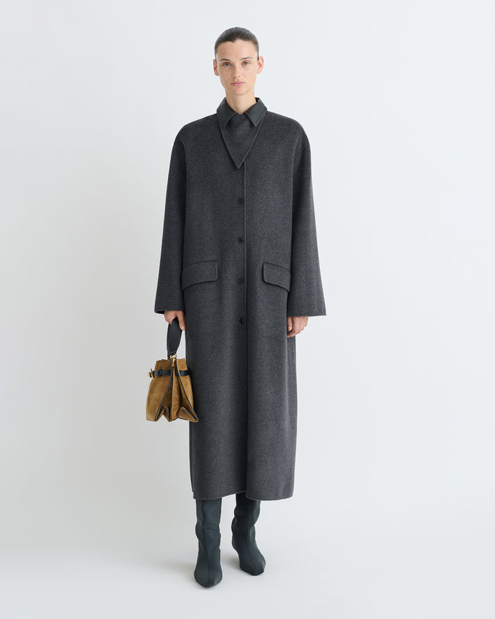 Rowina - Double Wool/Regen Leather Coat - Grey Melange/Black – Nanushka
